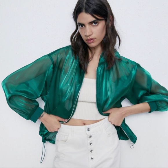 Zara | Jackets & Coats | Zara Semi Sheer Emerald Green Bomber Jacket ...